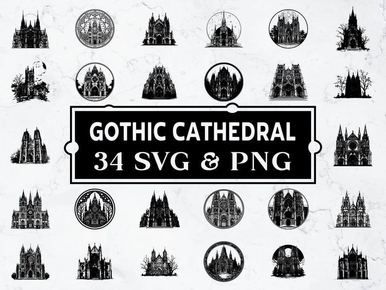 Gothic Cathedral Silhouette SVG PNG Bundle, Medieval Church Clipart ...