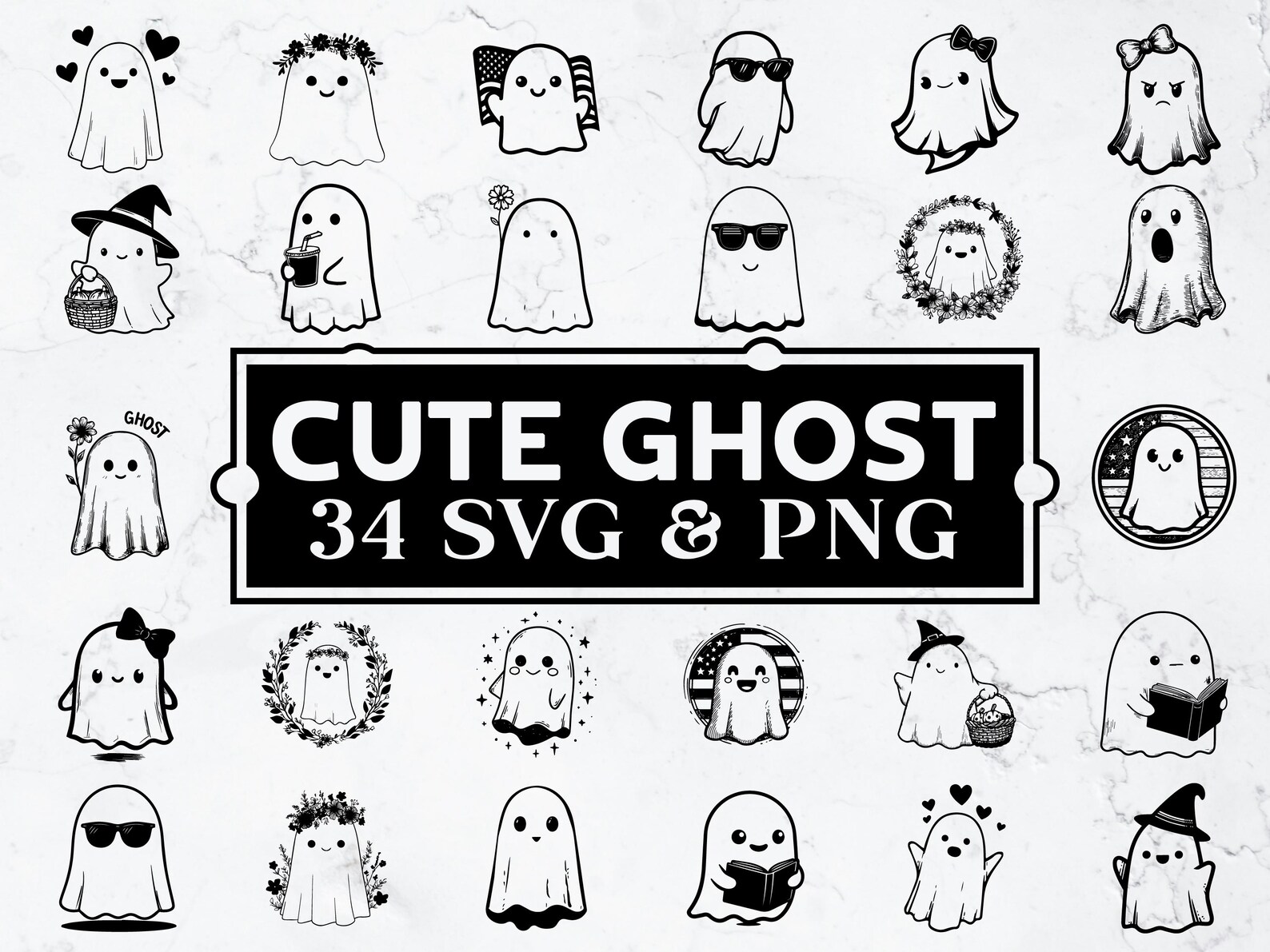 Cute Ghost Silhouette SVG PNG Bundle, Kawaii Halloween Clipart, Spooky ...