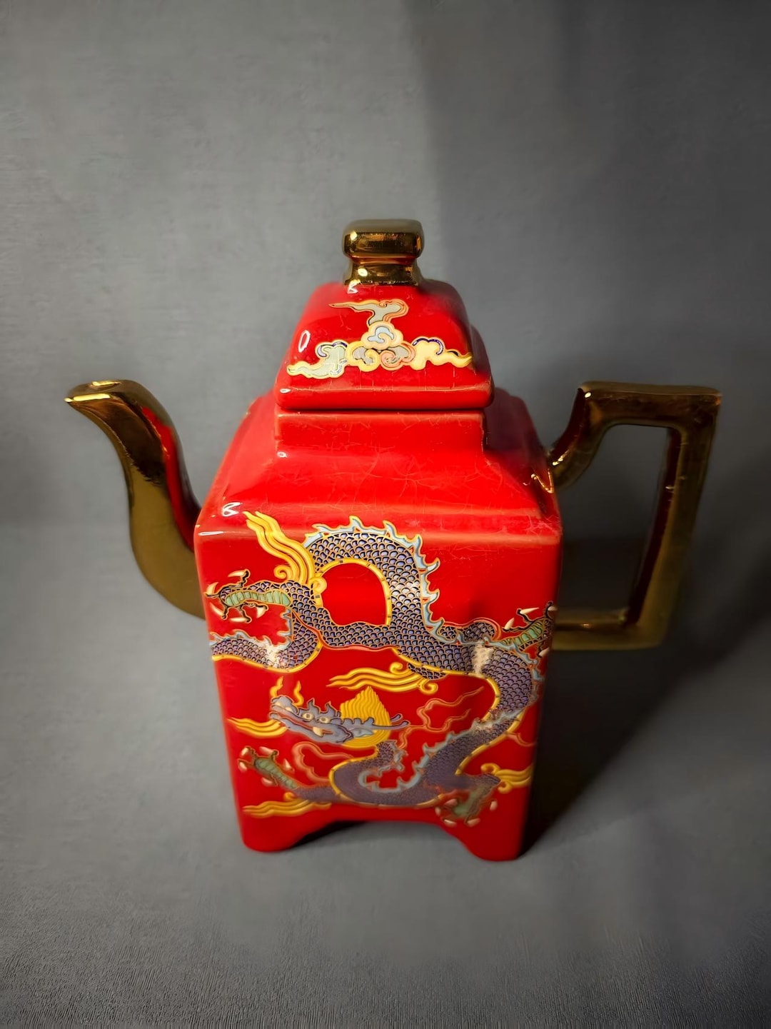 Imperial Ruby Red Dragon Wine Pot - Night Glow Enamel With Gold Tracing ...