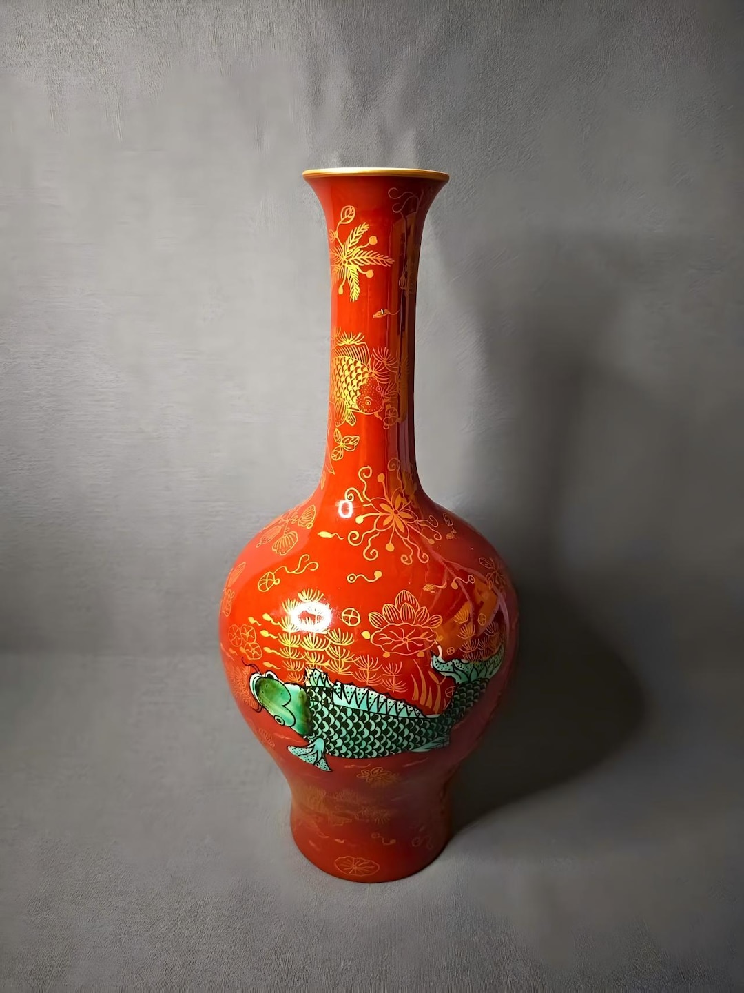11.8"lang Shining Mark Goldfish Long Neck Vase - Imperial Koi Porcelain ...
