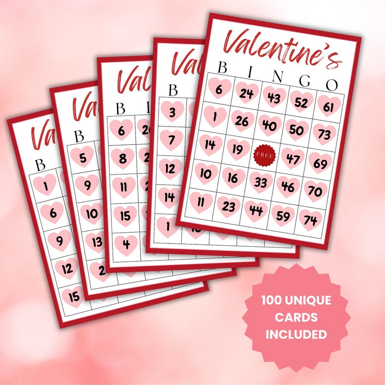 100 Valentines Bingo Cards Game Fun Valentines Day Game Printable ...