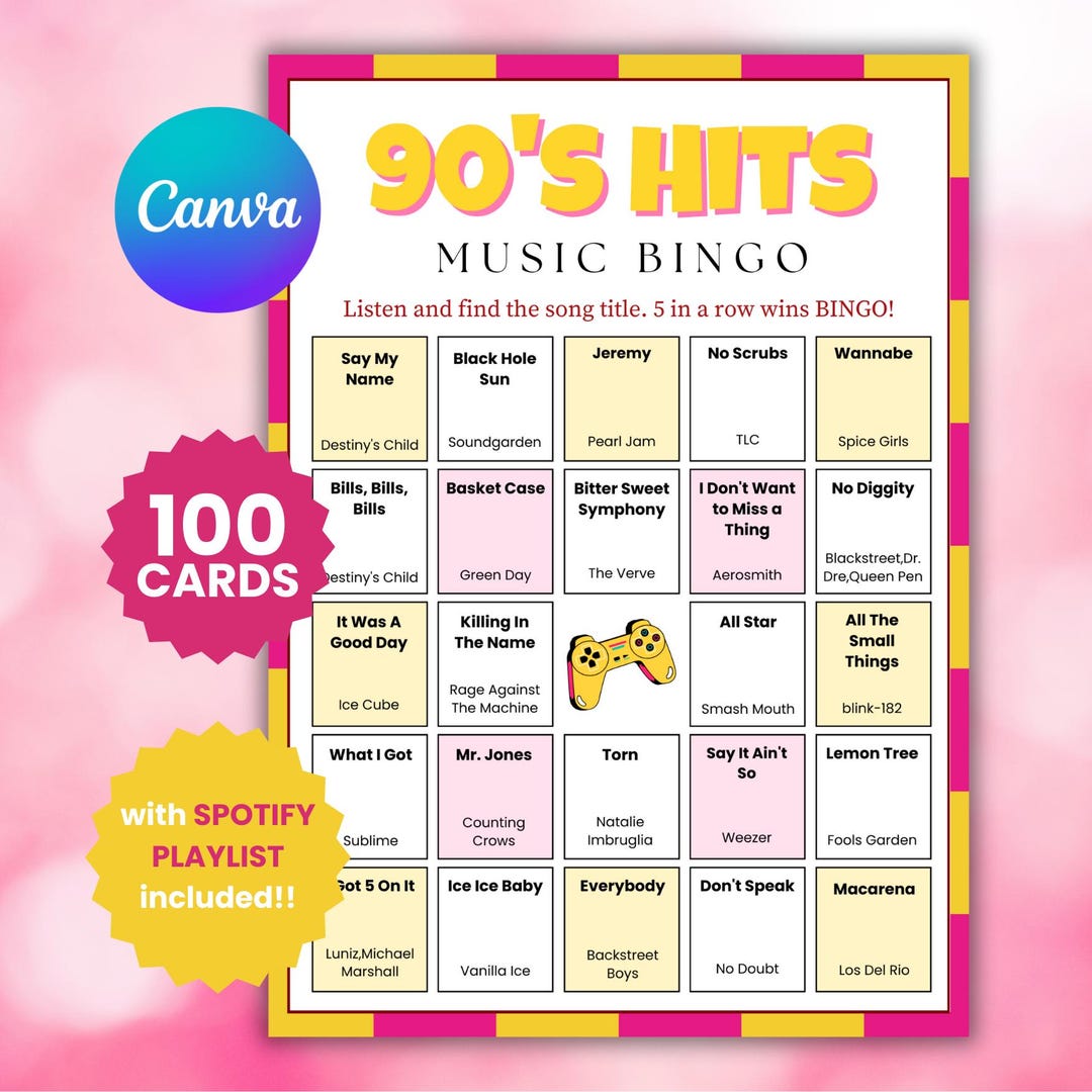 100 90s Hits Music Bingo Game With Spotify Playlist Family Reunion Game ...