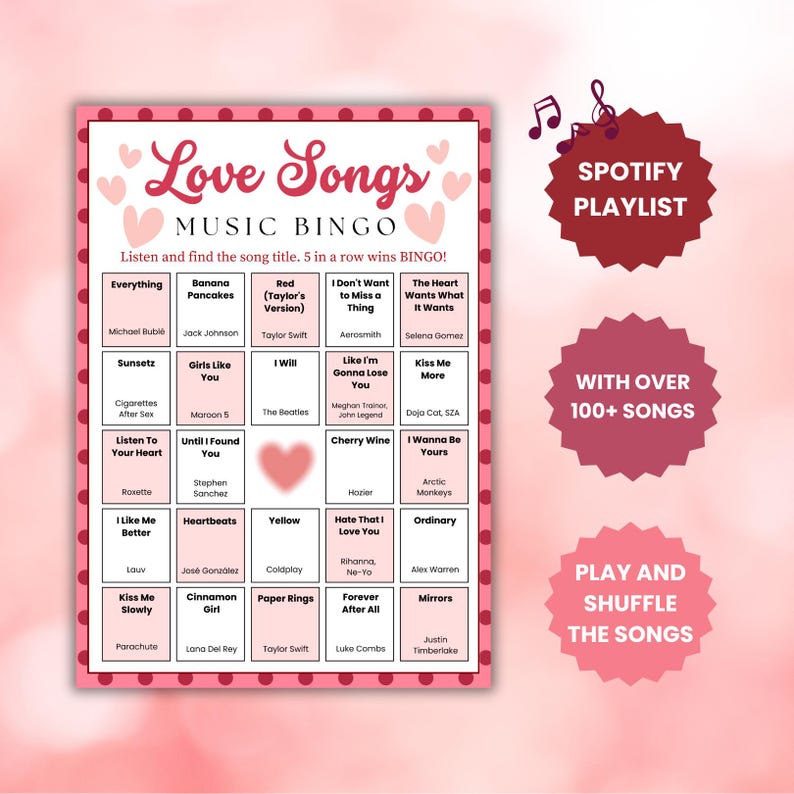 50 Love Songs Music Bingo Game With Spotify Playlist Printable Digital ...