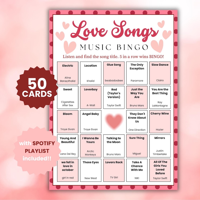50 Love Songs Music Bingo Game With Spotify Playlist Printable Digital ...
