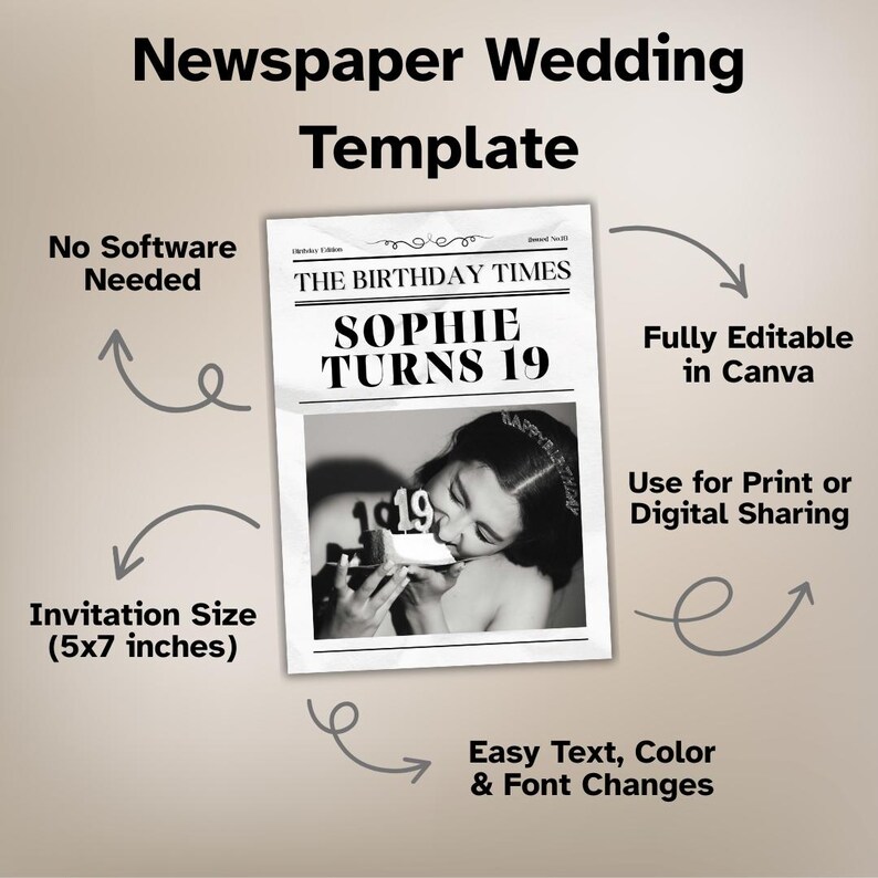 Editable Birthday Newspaper Invitation Template Black and White Design ...