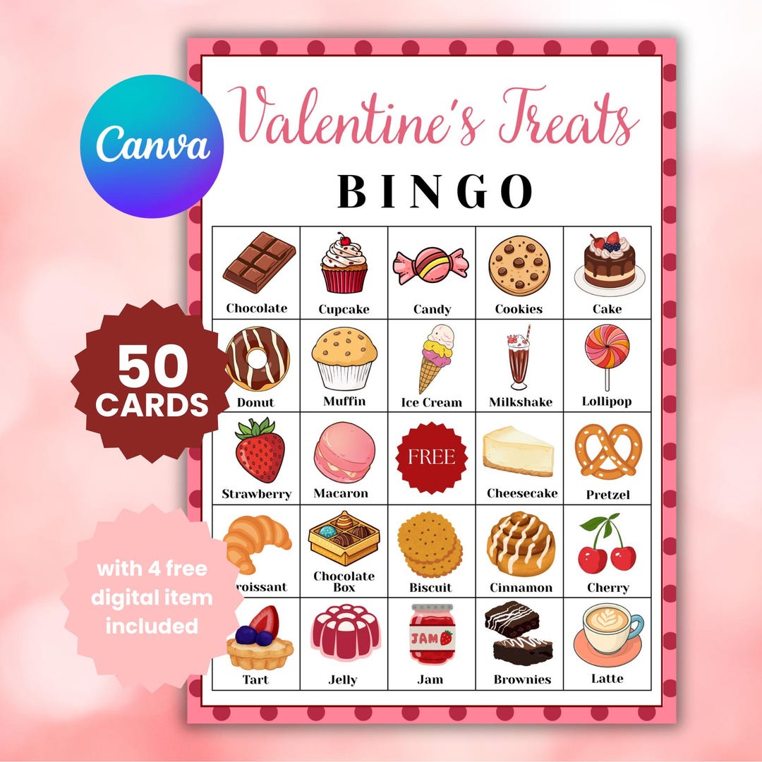 50 Valentine's Treats Bingo Game for Kids & Adult Party Game Printable ...