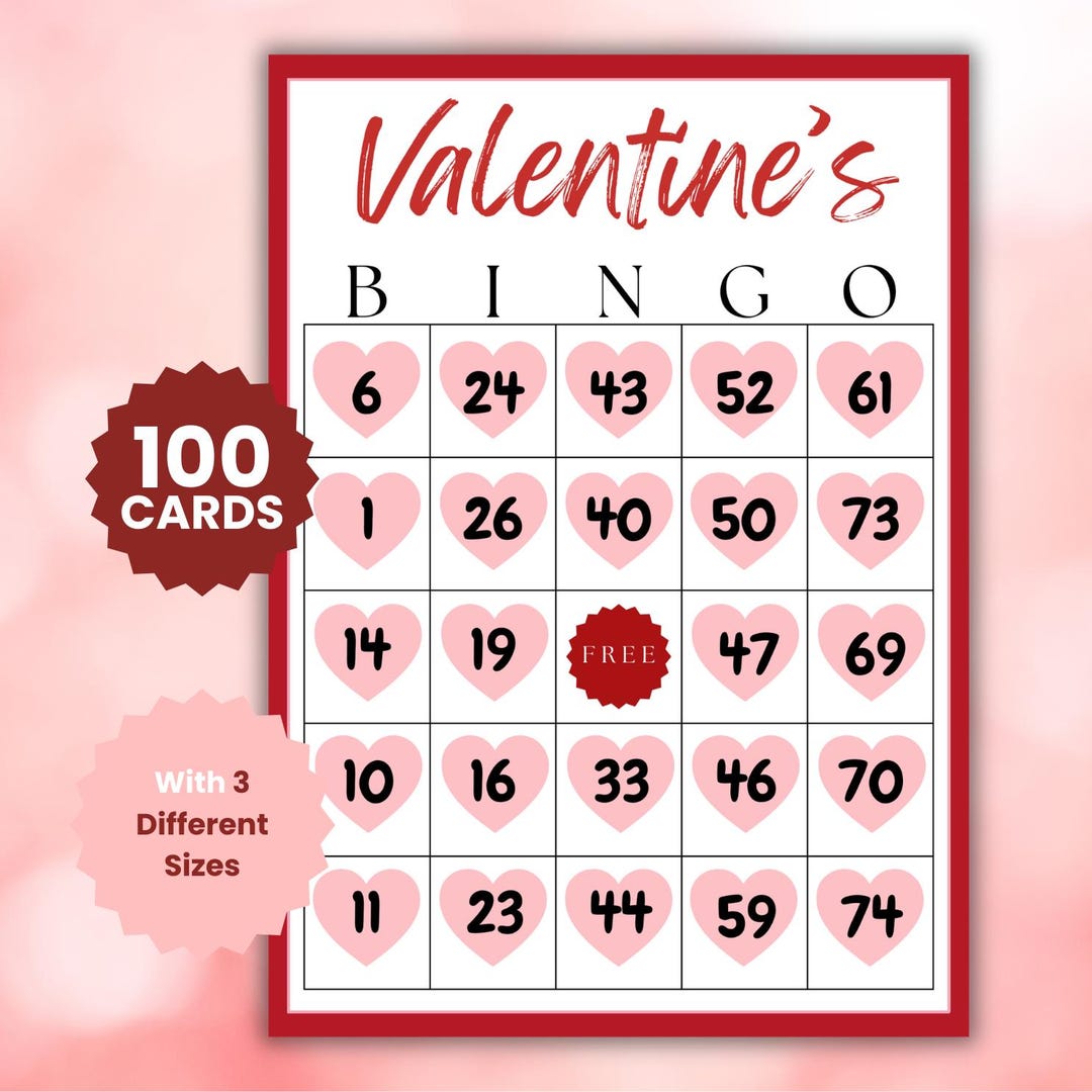 100 Valentines Bingo Cards Game Fun Valentines Day Game Printable ...