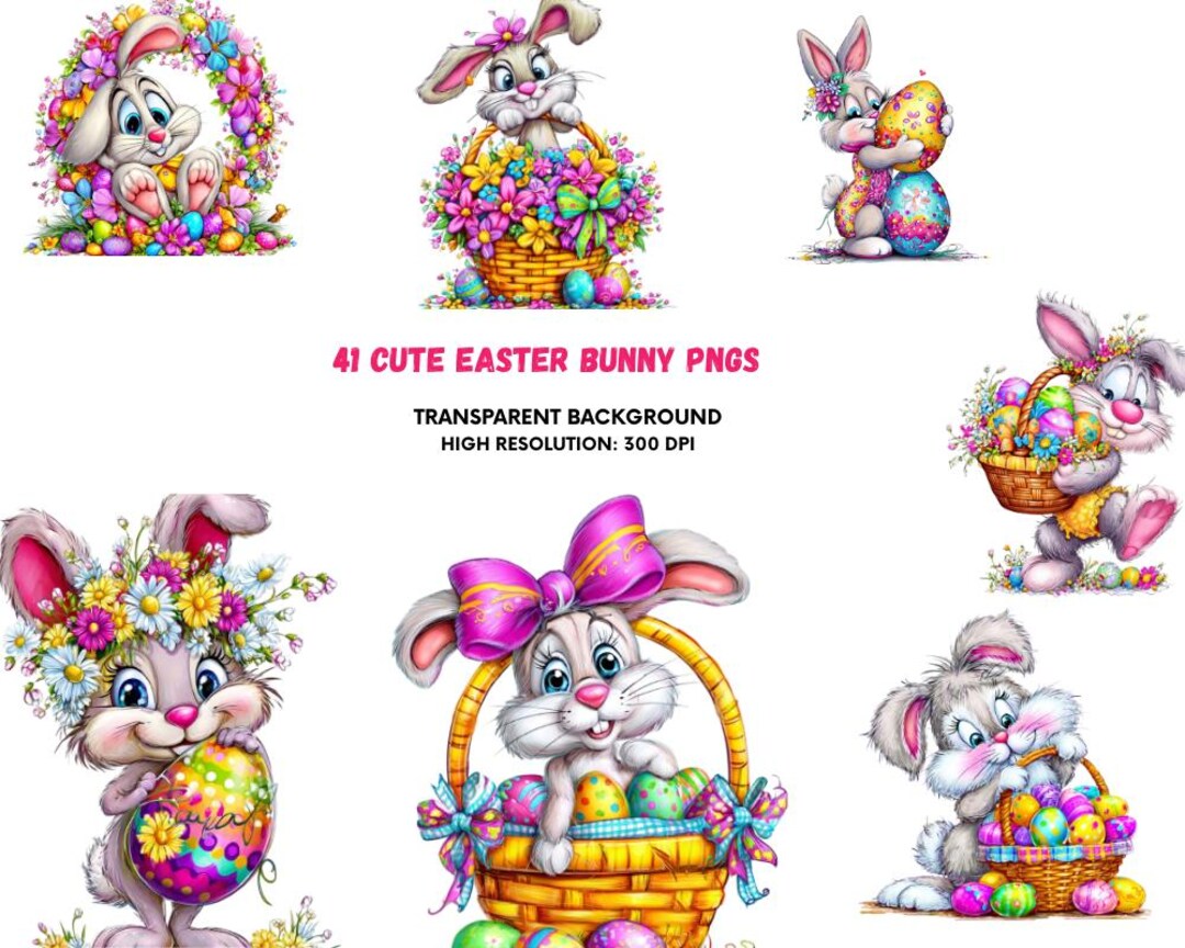 Cute Easter Bunny Clipart PNG, 41 Whimsical Rabbit Graphics, Floral ...