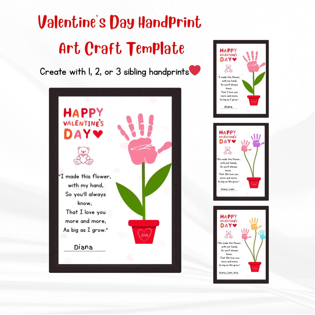 Valentines Day Handprint Art Craft Template Kids Printable Preschool ...