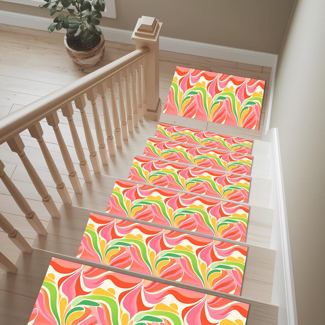 Colorful Abstract Wave Pattern Runner, Washable Stair Rug, Non Slip ...