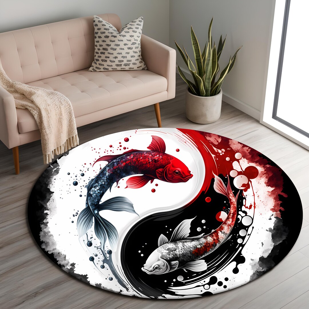 Japanese Koi Fish Rug, Yin Yang Inspired Round Rug,washable Area Rug ...