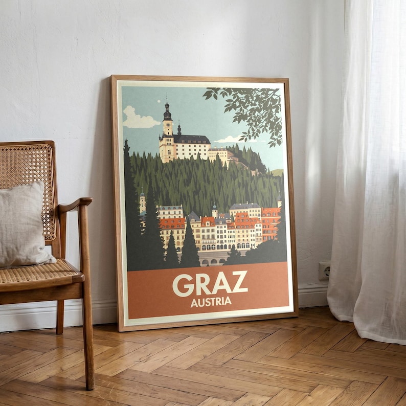 Graz Vintage Travel Poster Print | 1950s Retro Austria Wall Art | Mid ...