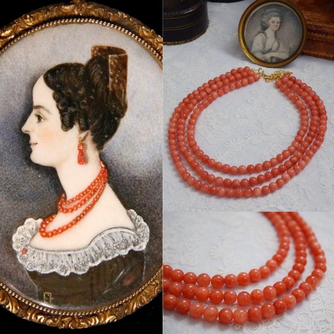Regency Coral Necklace, Coral Beaded Necklace, Triple Strand Necklace ...