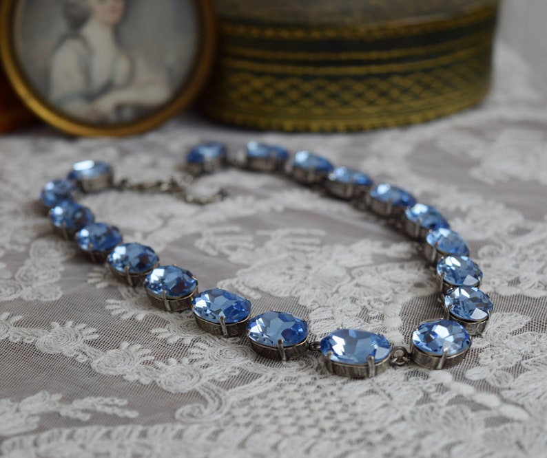Blue Crystal Necklace, Light Blue Anna Wintour Necklace, Georgian Paste ...