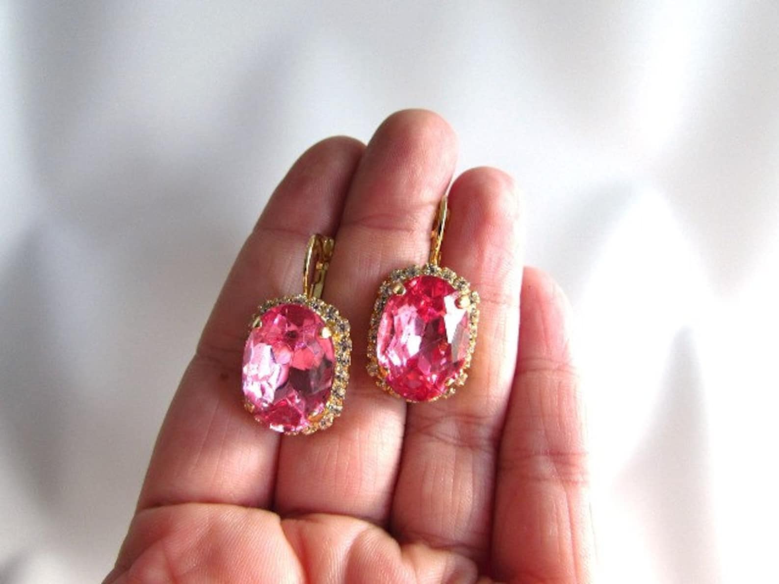 Pink Crystal Earrings Pink Wedding Jewelry Pink Bridal | Etsy