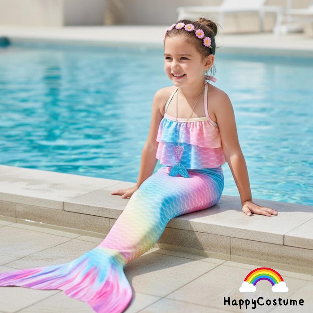 Rainbow Mermaid Tail Swimsuit for Girls – Kids Pool Costume Set, Pink ...