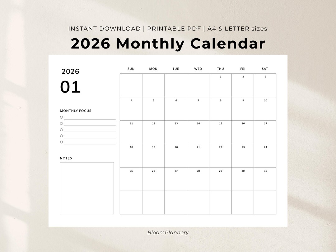 2026 Minimalist Monthly Calendar Printable | A4 & Letter | Sunday ...