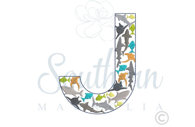 J Shark Alphabet Embroidery Design, Sea Creatures Embroidery Design ...