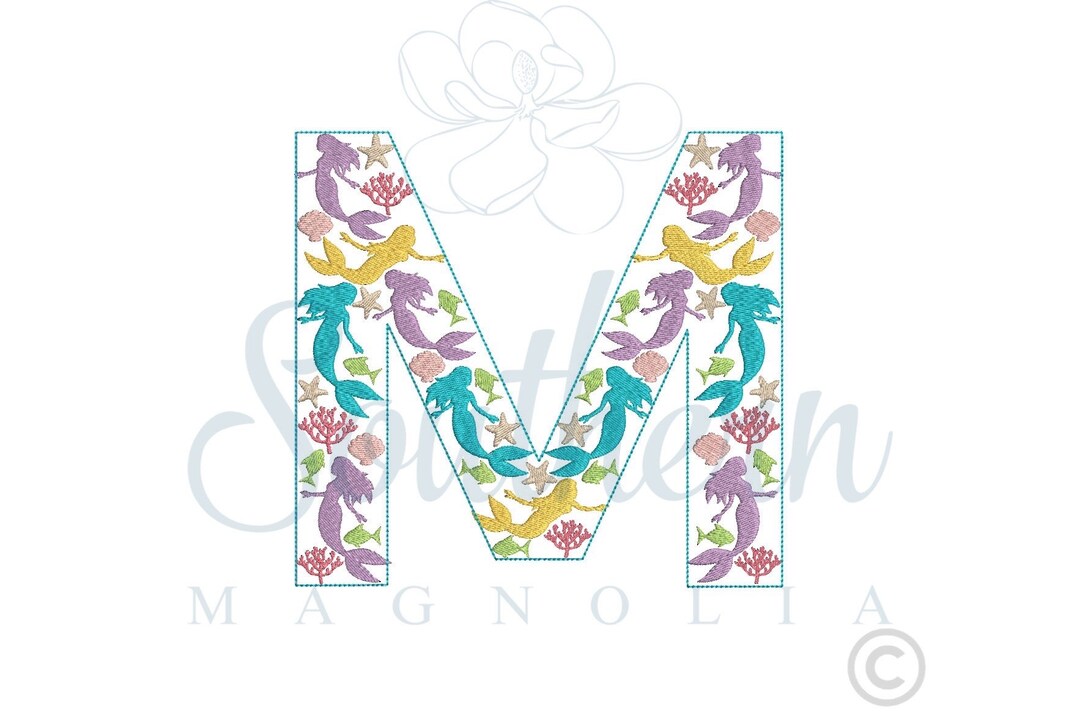 M Mermaid Embroidery Design, Embroidery Font, Mermaid Embroidery ...