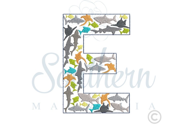 E Shark Alphabet Embroidery Design, Sea Creatures Embroidery Design ...
