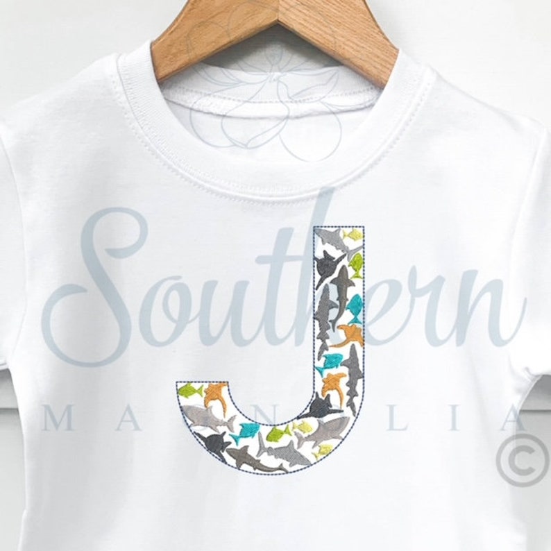 J Shark Alphabet Embroidery Design, Sea Creatures Embroidery Design ...