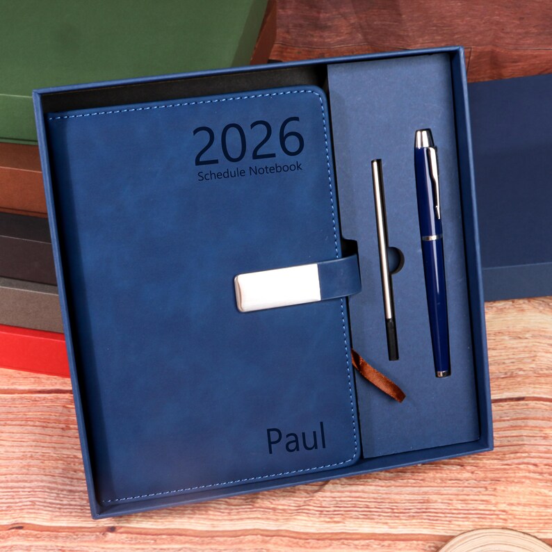 Custom Leather Journal Set, Personalized 2026 Planner Notebook Set With ...