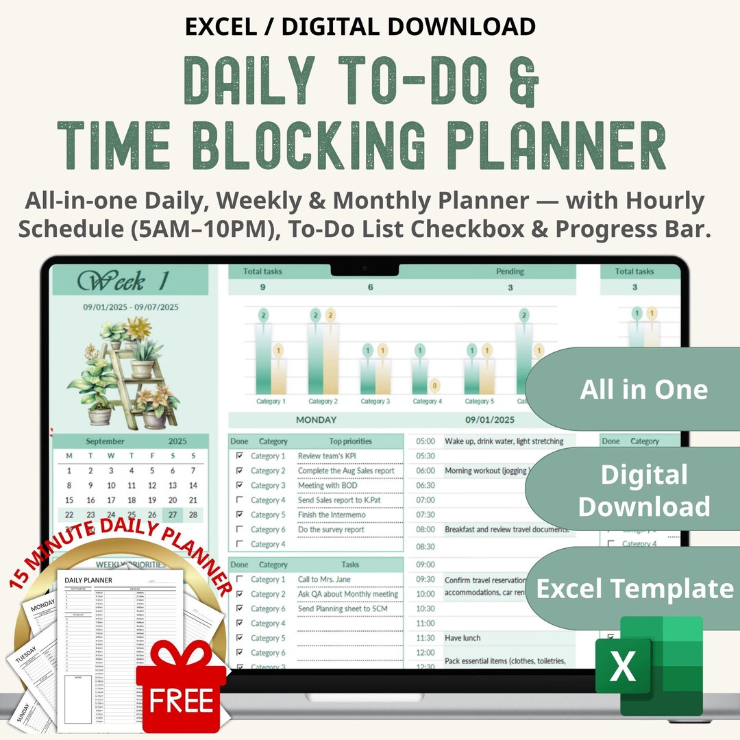 ADHD Excel Planner: Daily, Weekly, Monthly Time Blocking (digital ...