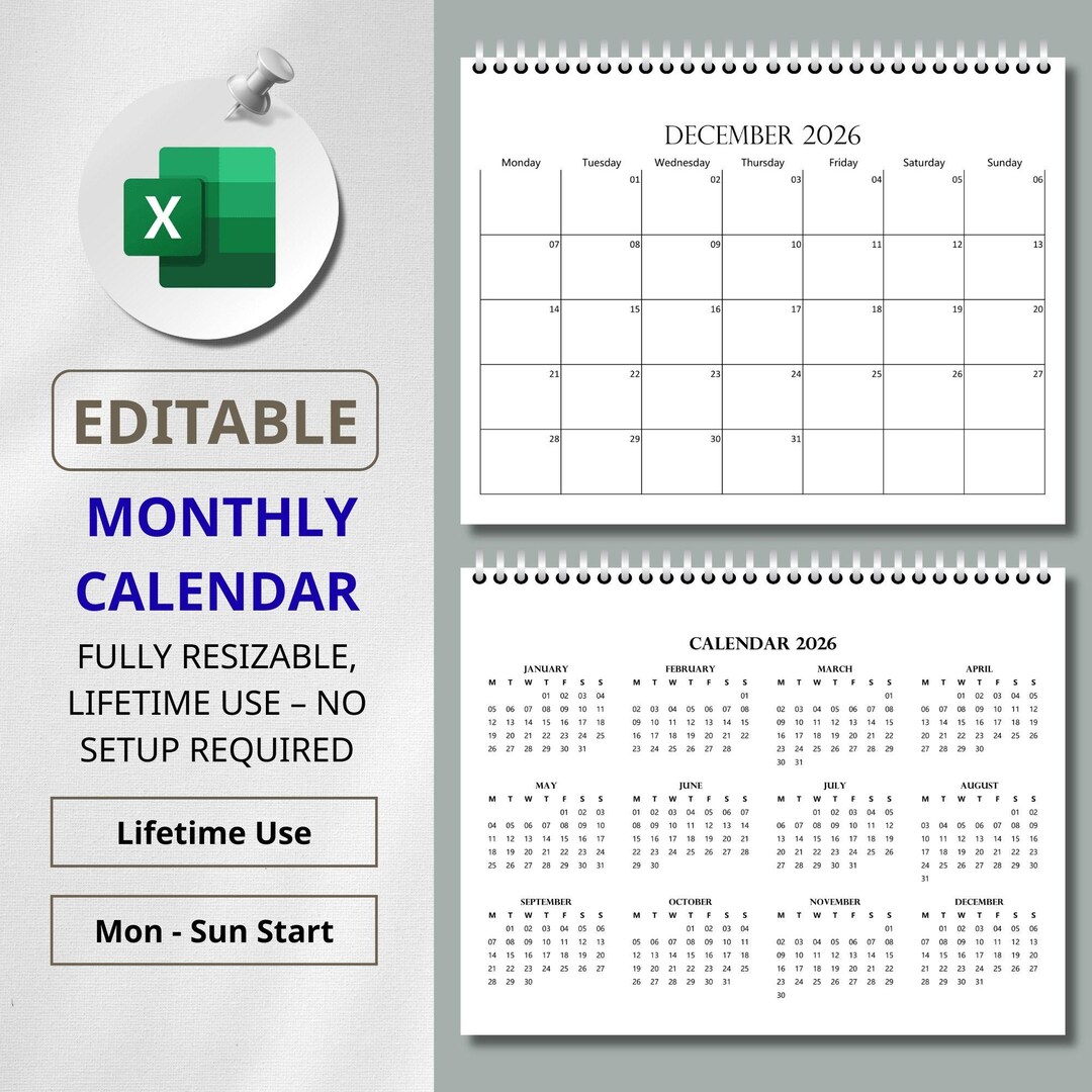 Editable Excel Calendar Template: Printable Monthly Planner (monday ...
