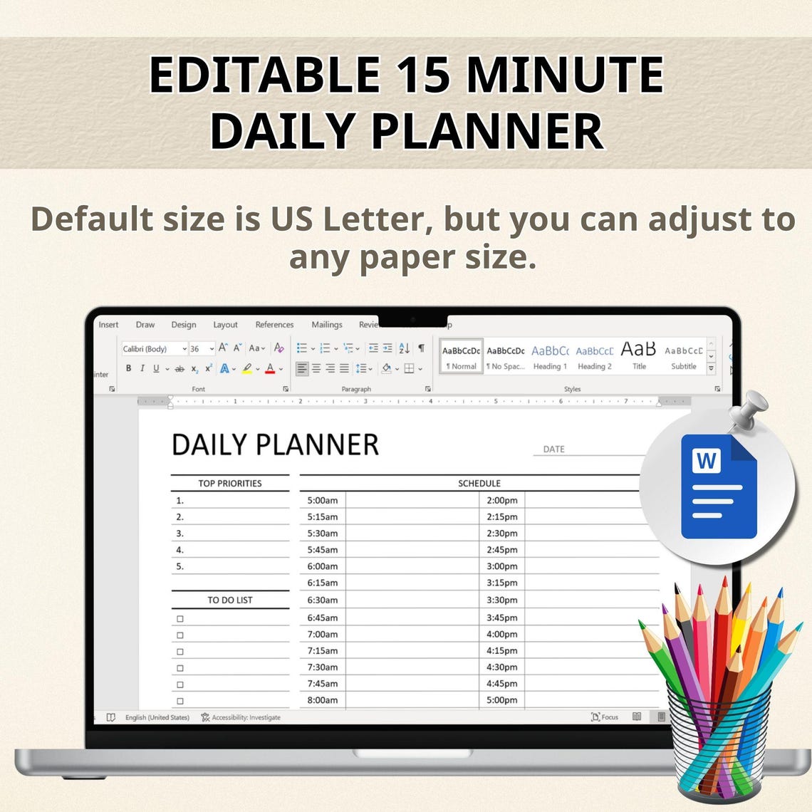 15 Minute Daily Planner: Editable Time Blocking Template (printable PDF ...