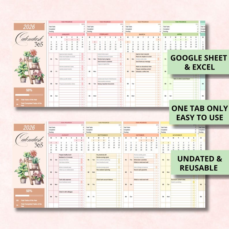 Editable Yearly Calendar: Google Sheets & Excel Daily Task Tracker ...