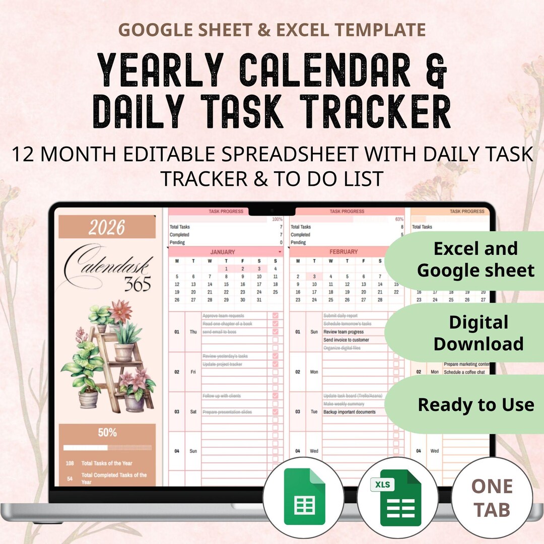 Editable Yearly Calendar: Google Sheets & Excel Daily Task Tracker ...