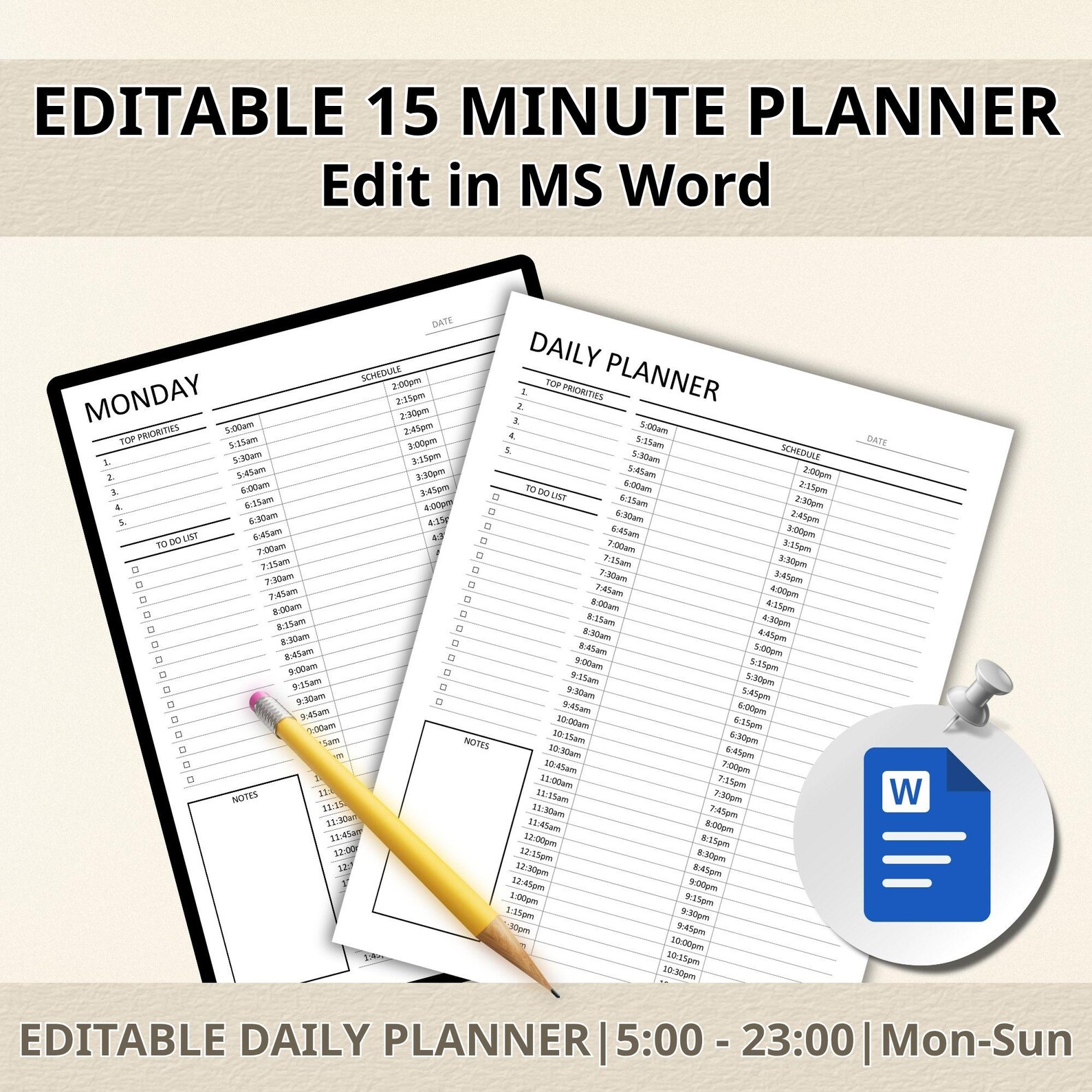 15 Minute Daily Planner: Editable Time Blocking Template (printable PDF ...