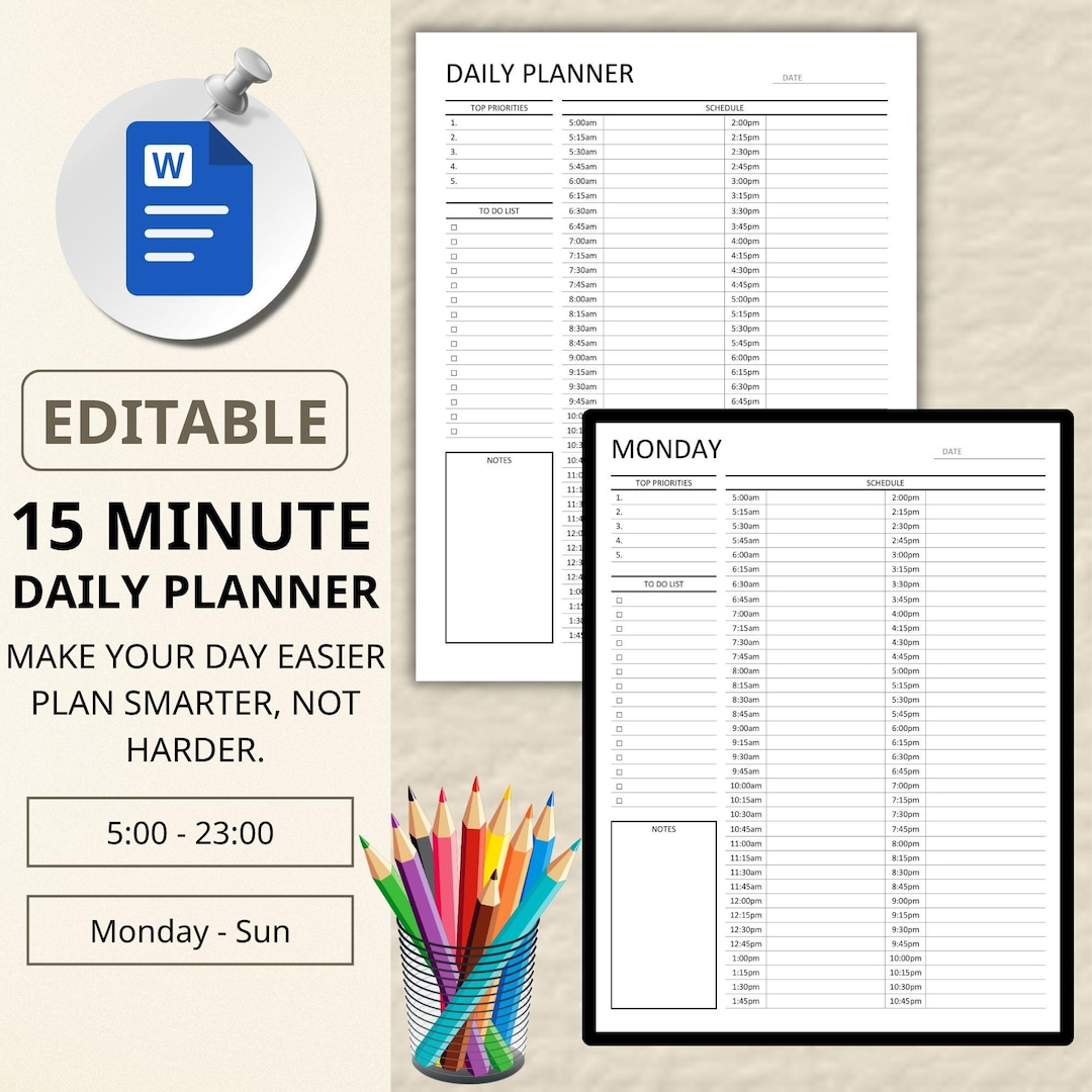 15 Minute Daily Planner: Editable Time Blocking Template (printable PDF ...