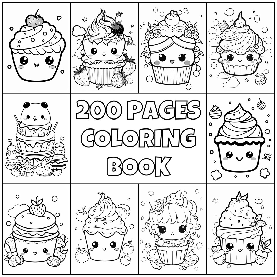 Kawaii Cupcake Coloring Book With 200 Pages for Kids and Adults, Cute ...