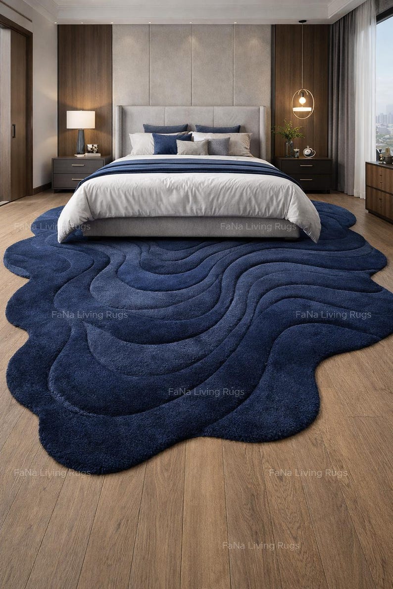 Navy Blue Wave Shaped Modern Area Rug Hand Tufted 8x10 | 9x12 - Etsy