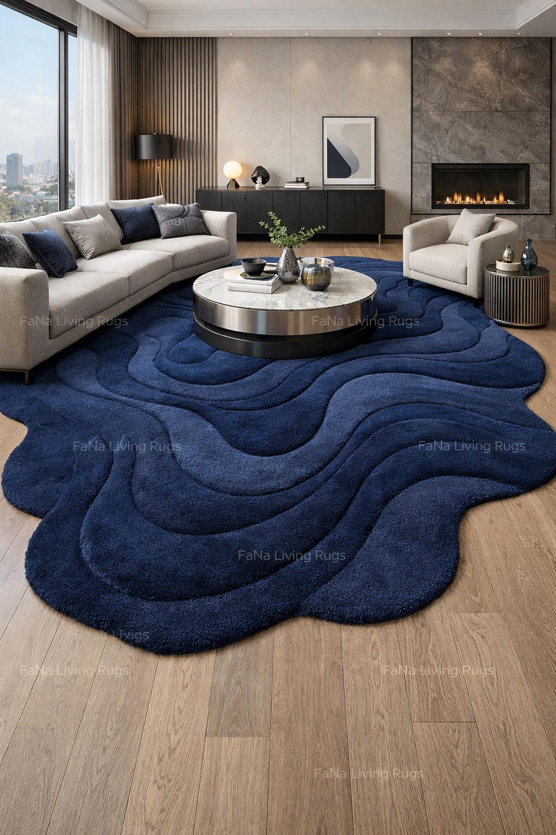 Navy Blue Wave Shaped Modern Area Rug Hand Tufted 8x10 | 9x12 - Etsy