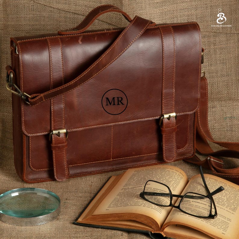 Personalized Leather Briefcase: Handcrafted Brown Messenger Bag for Men ...