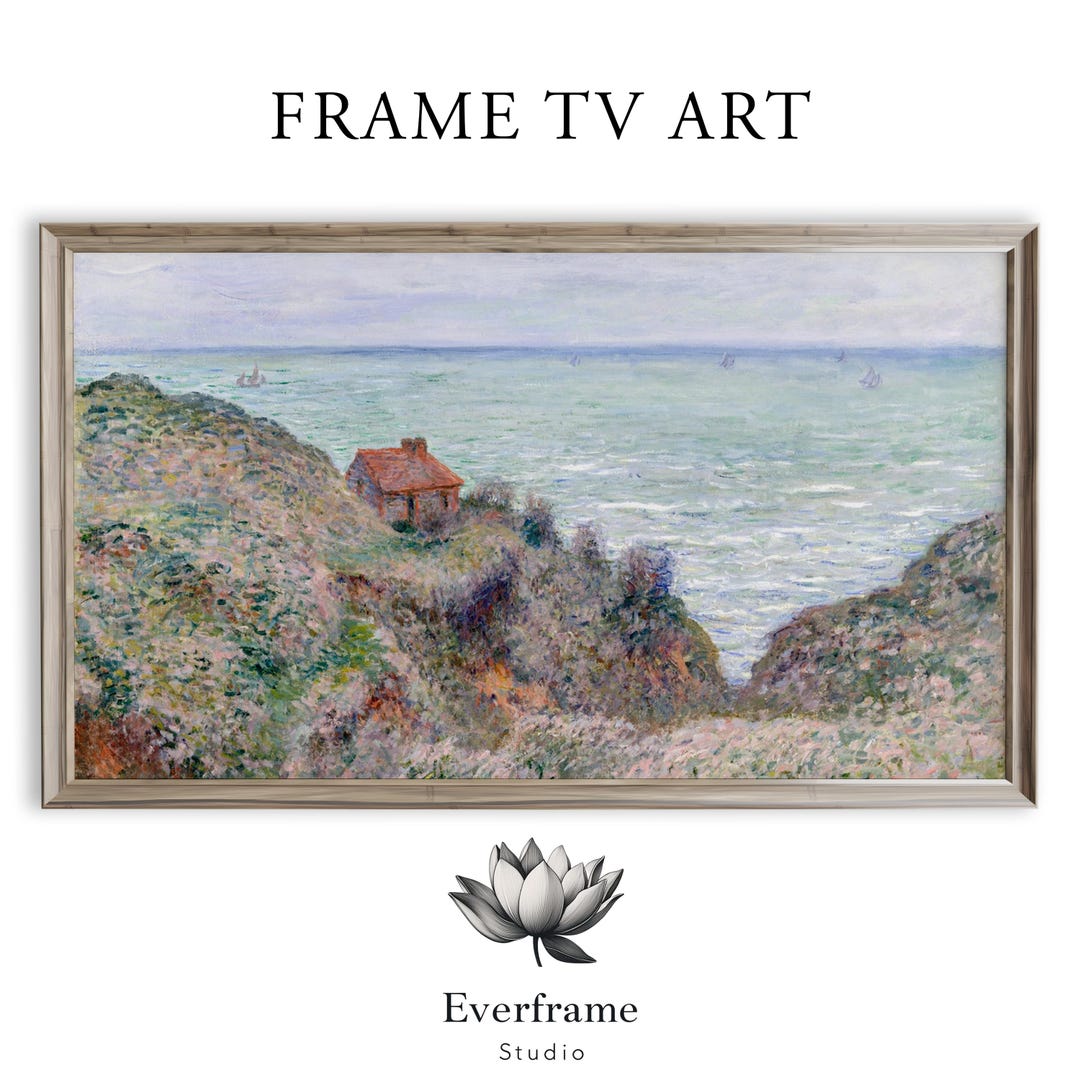 Coastal Landscape by Monet Frame TV Art, Rustic Seaside Scene, Cabin on ...