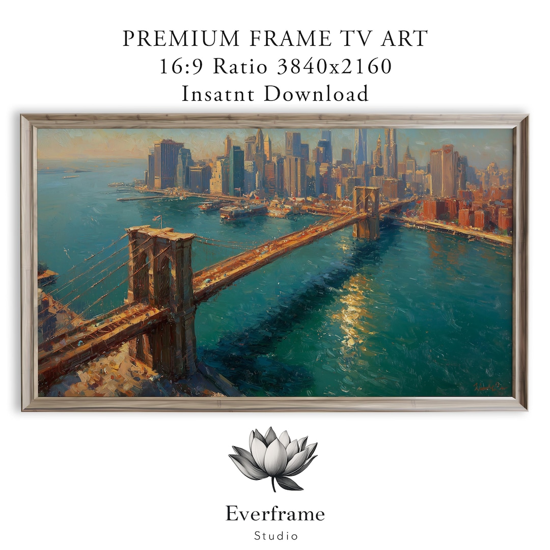 Brooklyn Bridge Frame TV Art with Manhattan Skyline Urban Warm Artwork ...