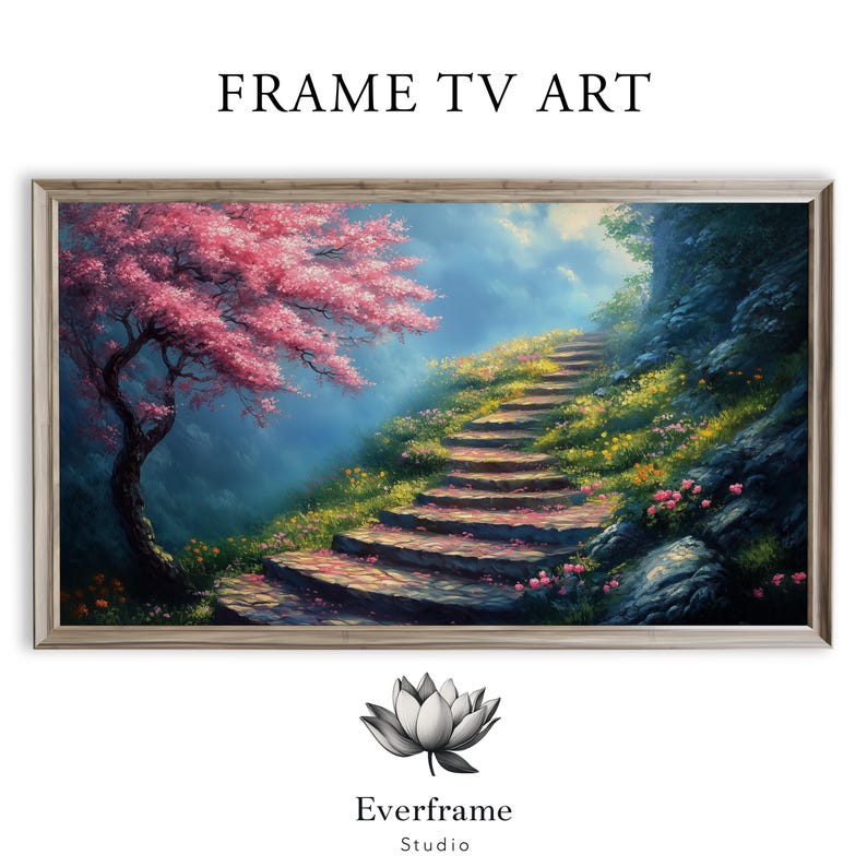 Arte romântica com paisagem de escadaria, moldura de flor de cerejeira ...