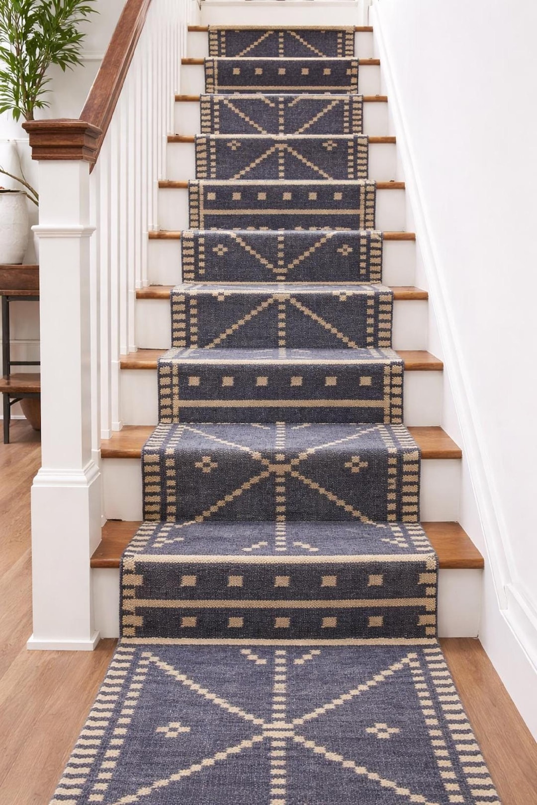Blue Wool Jute Stair Runner, Handwoven Geometric Stair Carpet, Boho ...
