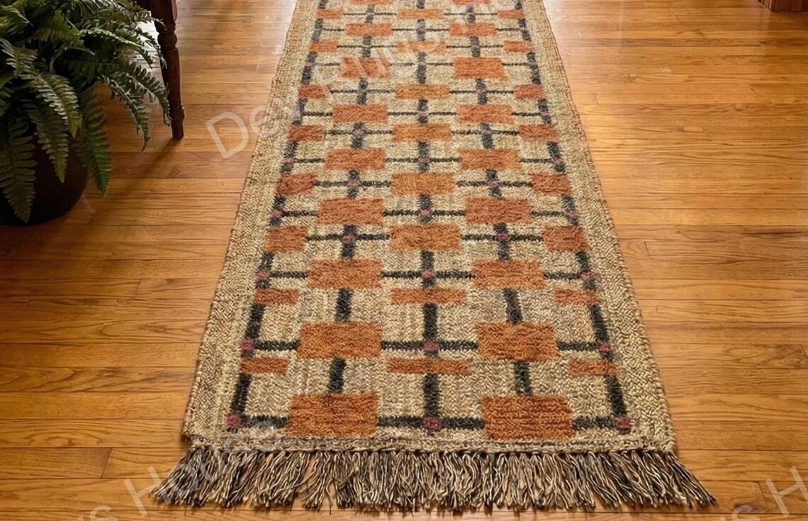 Terracotta Grid Wool Jute Hallway Runner-mid Century Modern Handwoven ...