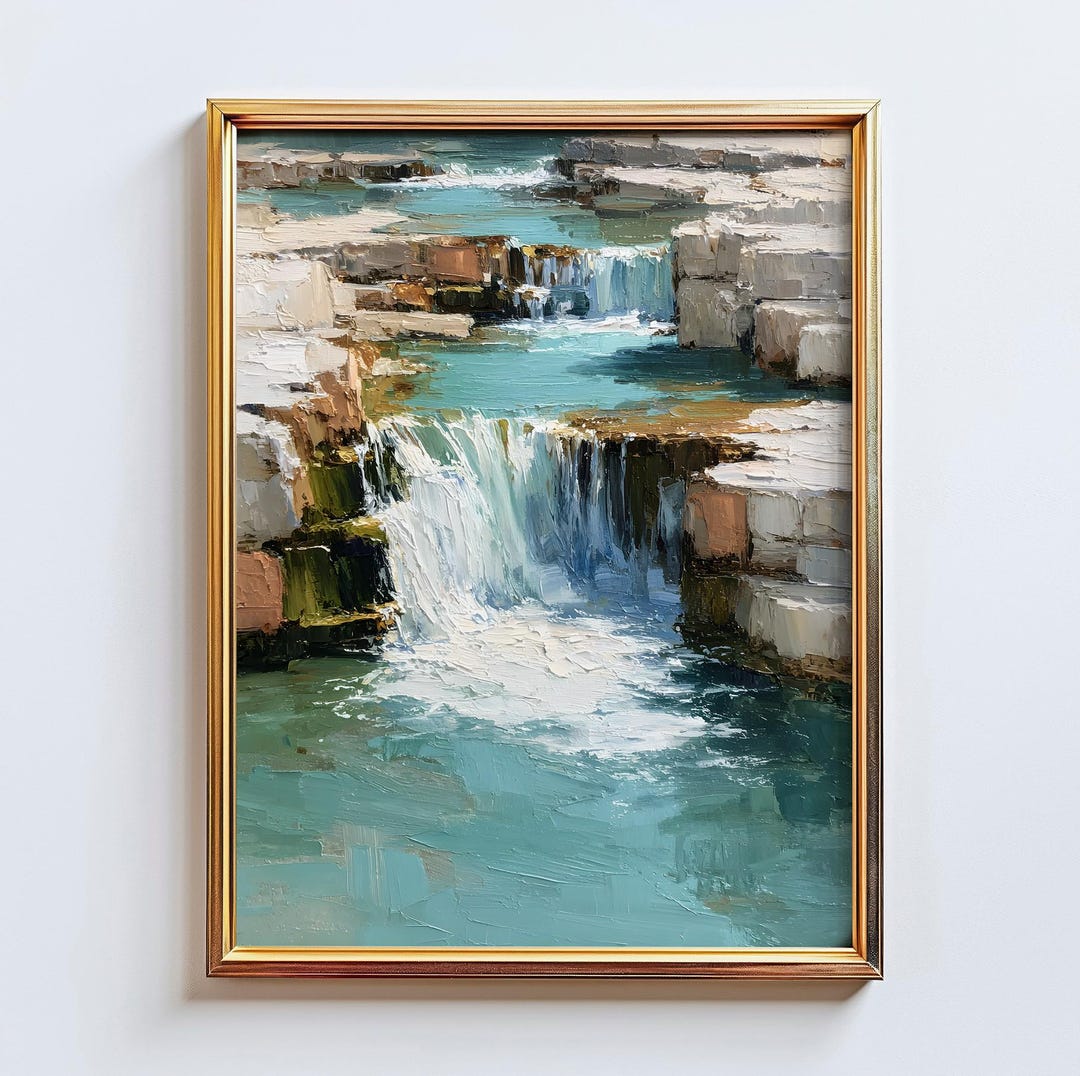 Waterfall Oil Painting Wall Art, Minimal Nature Print, Calm Landscape ...