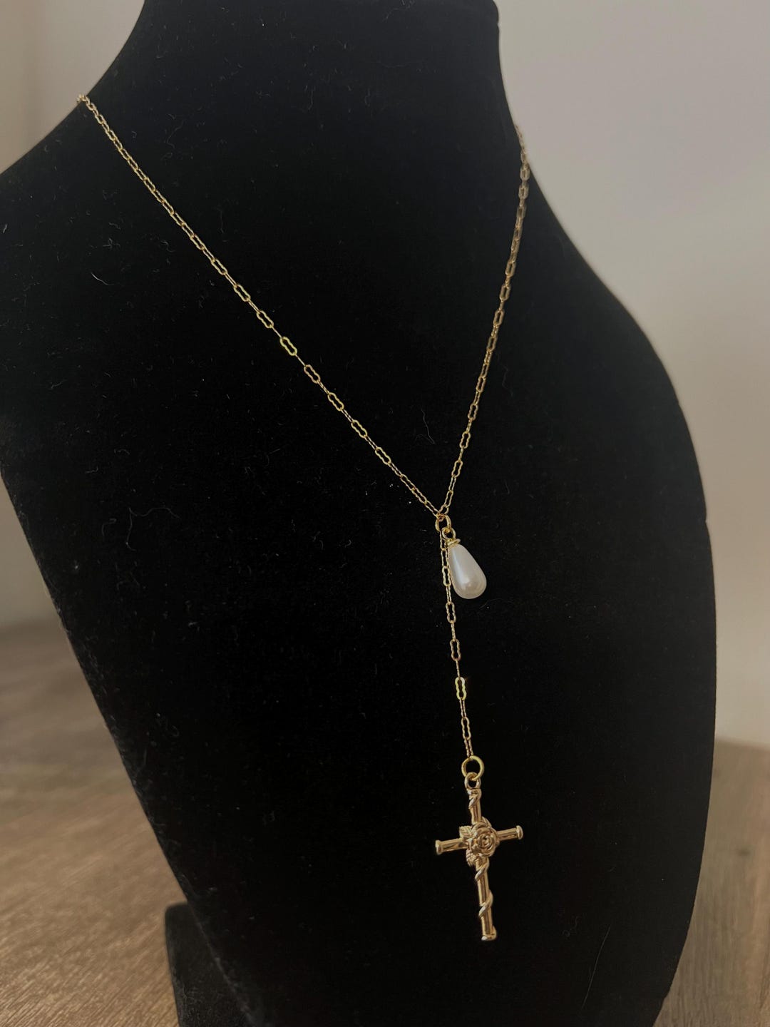 14k Gold Filled Adjustable Drop Cross Necklace With Faux Pearl - Etsy