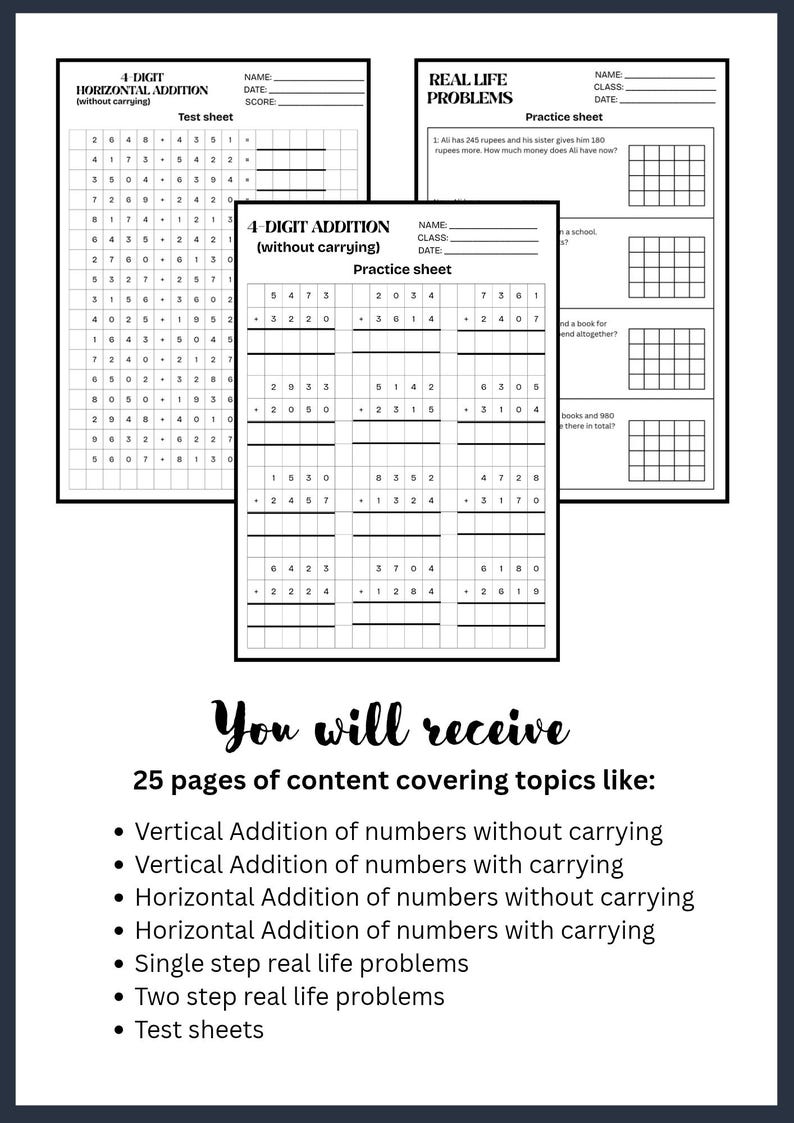 Grade 4 Addition Worksheet Bundle | Printable Math Practice Sheet | PDF ...