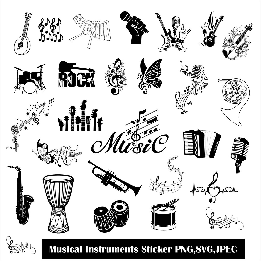 Music Instrument Stickers: Laptop, Guitar, Musician Decor (PNG, SVG ...