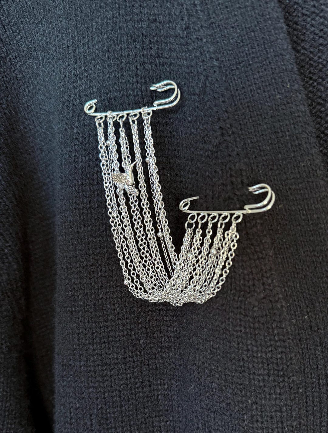 Double Safety Pin Chain Brooch | Silver Bird Charm, Edgy Jewellery - Etsy