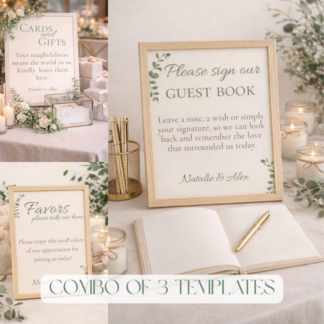 Greenery Wedding Sign Set, 3 Editable Canva Templates - Etsy