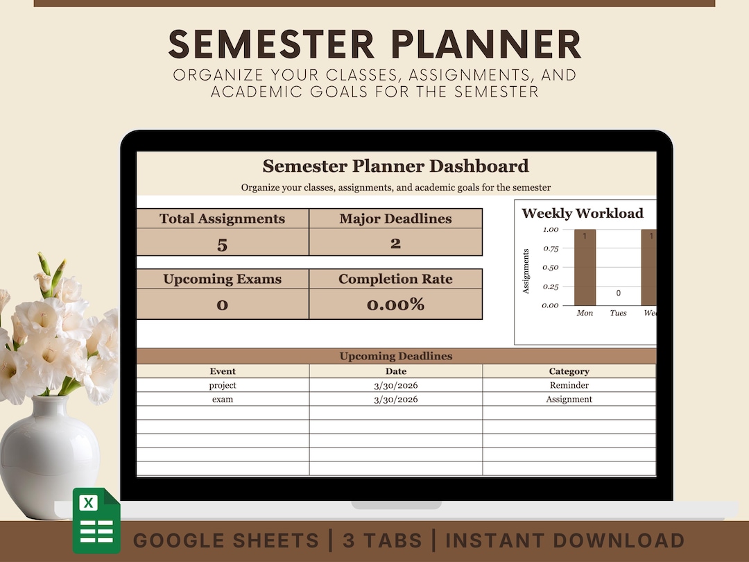 Semester Planner Google Sheets Template | College Semester Organizer ...