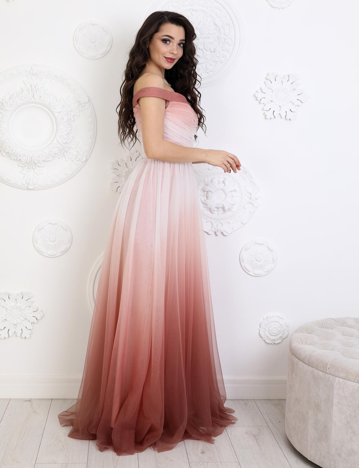 Off-shoulder Ombre Tulle Bridal Gown: Flowing Gradient Maxi Length - Etsy